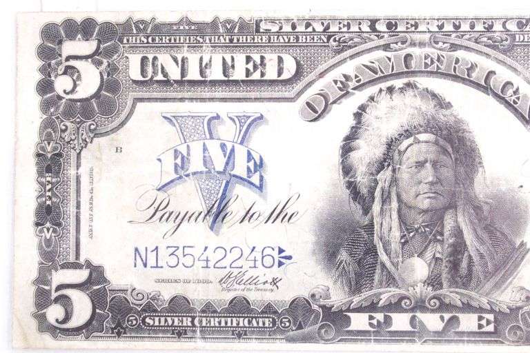 1899 $5 Silver Certificate , Large "horse blanket " Note , Only issue ...