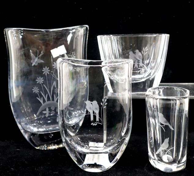 Signed - Orrefors Swedish Crystal: Grey Cut Two Love Birds Vase ...