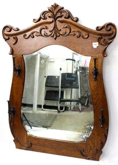 Antique Large Victorian Oak Entryway Wall Mirror with Hat Hooks, 45"x35 ...