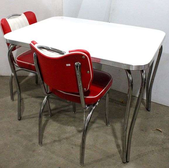 Retro Dining Set - Two-Tone Red & White Vinyl Chairs (Two) - and - Chrome Base Formica Top Table ...