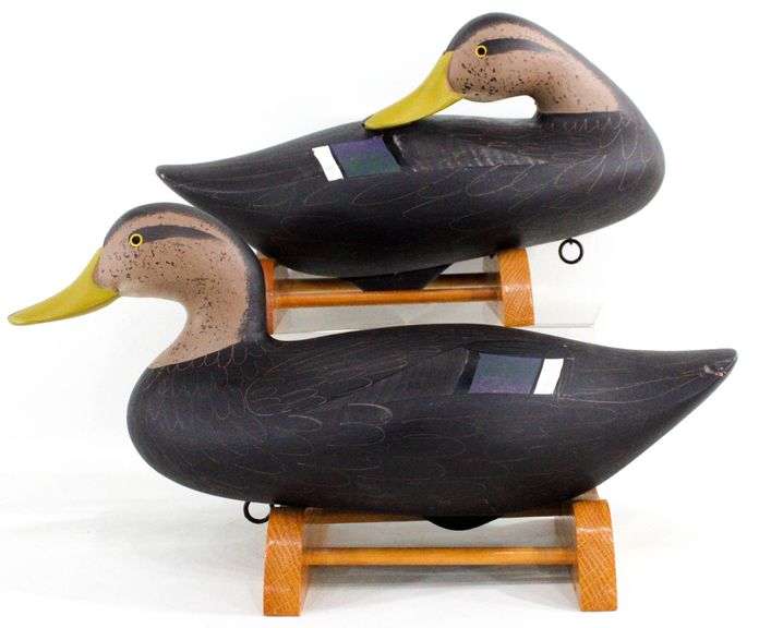 Pair hand carved Black Duck Decoys , Signed Patrick Vincent 1987 , with ...