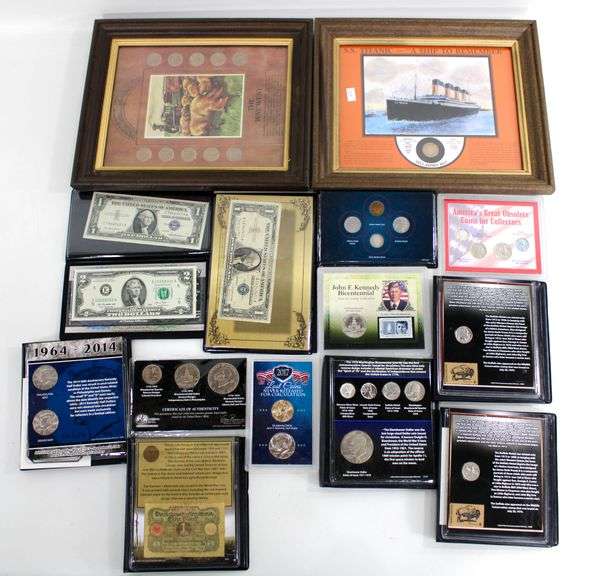 14 Coin and Currency Sets. Some Silver. 2 Framed Editions. - Bunting ...