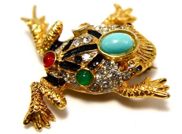 Vintage Sphinx Jeweled Frog Brooch. Unmarked. - Bunting Online Auctions