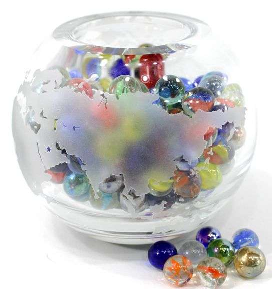 Frosted Globe Map Glass Bowl Filled with Colorful Glass Marbles ...
