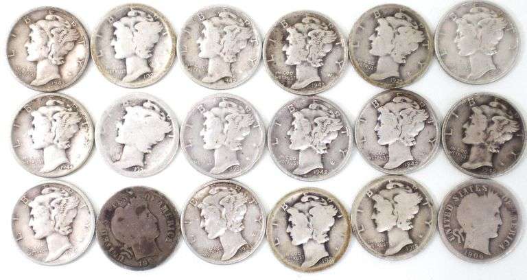 Barber and Mercury silver dimes , 18 items - Bunting Online Auctions