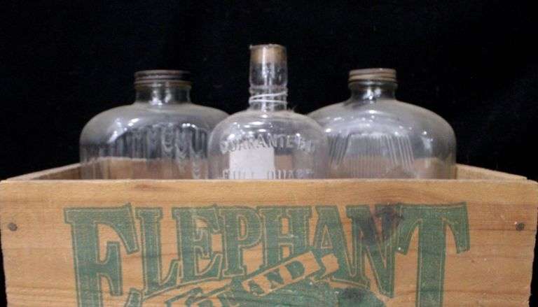 Elephant Island Java Stenciled Wooden Box and Old Glass Jug with ...