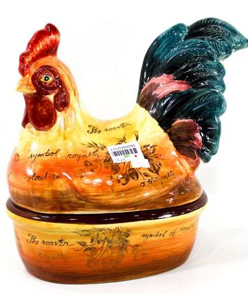 "Strolling Rooster" Hand Painted Covered Bowl - 13 x 11 - Bunting ...