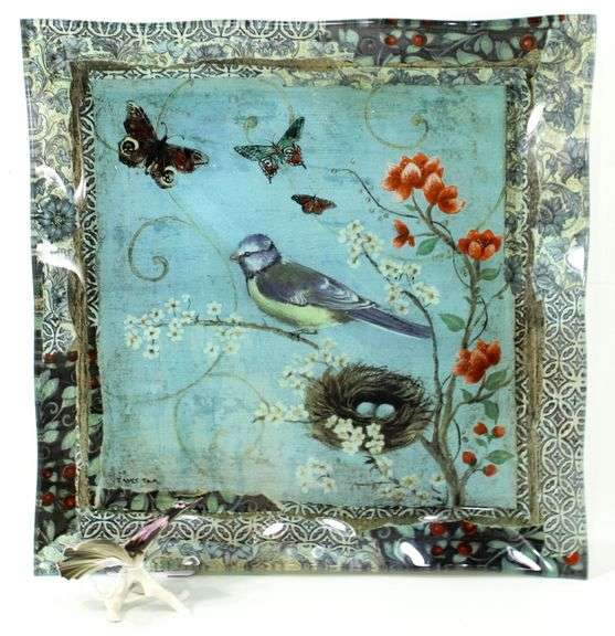Janet Taba Bird Butterflies & Floral Cased Glass Serving Tray. 14x14 ...