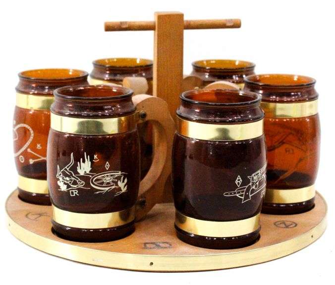 Vintage Siesta Ware amber glass barrel mugs with a wooden caddy ...