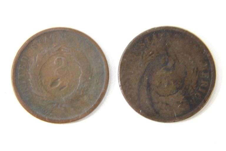 1864 2 Cent US Coin with a Rotated Reverse and an 1866 2 Cent US Coin ...