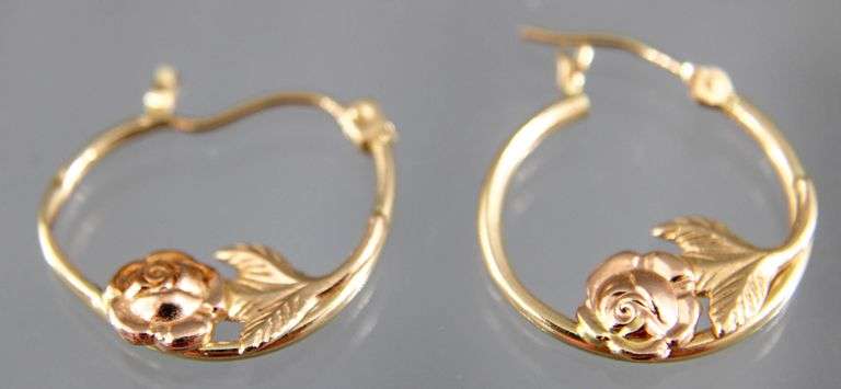 14 KT Gold hoop Earrings embellished with a rose, snap bar closure. (0. ...