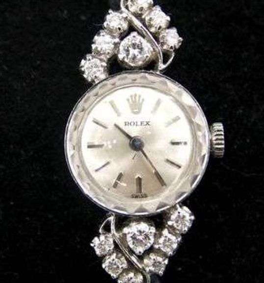 14k White gold Rolex ladies petite cocktail watch set with diamonds ...