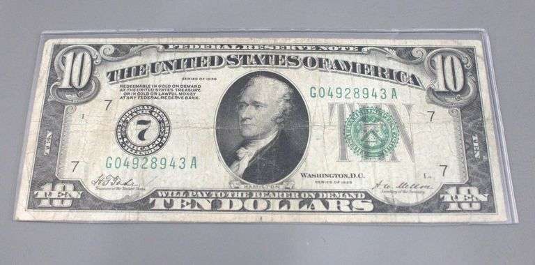 1928 US Federal Reserve $10 note , Signed Tate Mellon FR2000 - Bunting ...