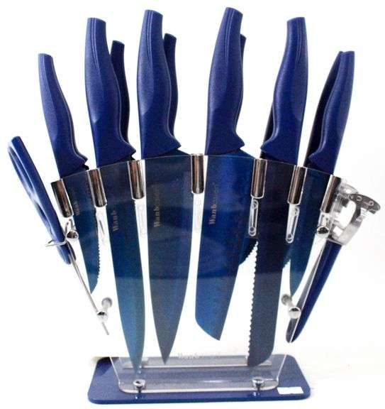 Wanbasion Blue Knife Set with Scissors & Peeler on Acrylic Stand ...