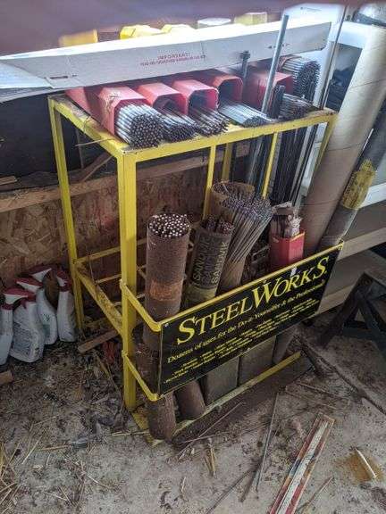 STEEL WORKS RACKING FOR STEEL PIPE AND ROD, ALSO MIXED OLDER WELDING ...