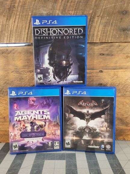 Playstation 4: 3 games, Dishonored Definitive Edition, Batman Arkham Knight, Agents Of Mayhem ...