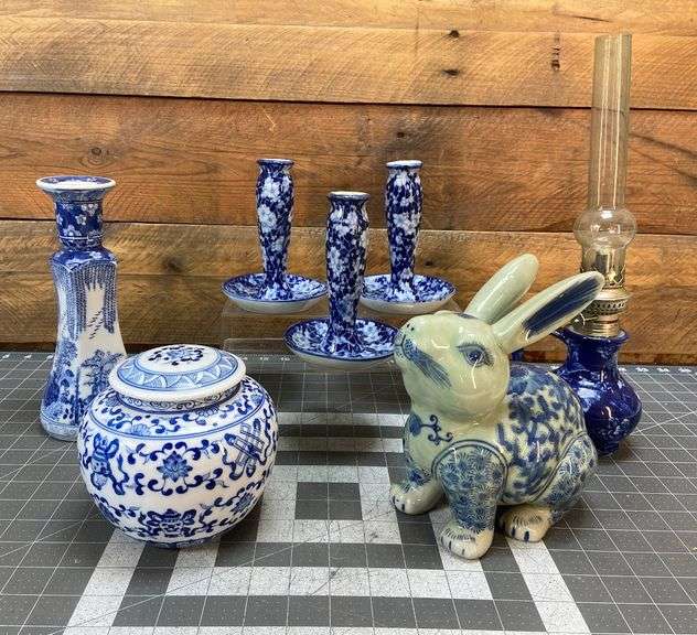 Chinese Porcelain Flow Blue Lamp, Rabbit, Vase - Bid On Estates Auction ...
