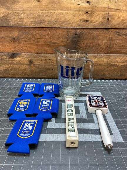 Miller Lite Beer Pitcher. 2 Tap Handles, Koozies - Bid On Estates ...