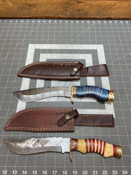 2 Bowie Knives with Brass on Handles and Damascus Blades (both with ...