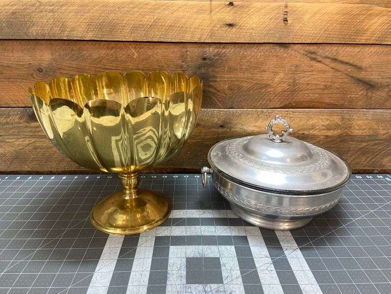 Brass Footed Bowl and Aluminum Serving Dish with Divided Insert - Bid ...