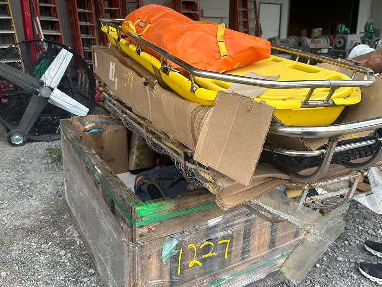 Pallet of Misc Safety Items: Rescue Gurney, First Aid Cabinet, First ...