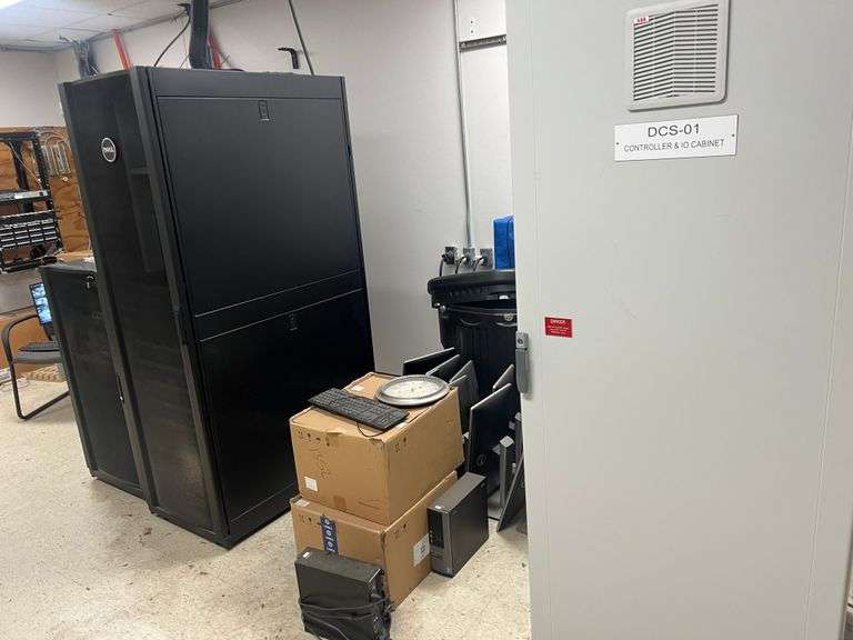 contents of IT room including IO cabinet, (10) Dell monitors, (3) Dell ...