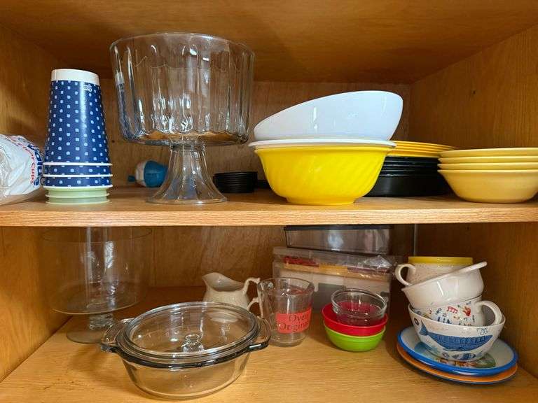 Contents of Two Shelves - Covered Dish, Misc. Dishes, Crawfish Trays ...