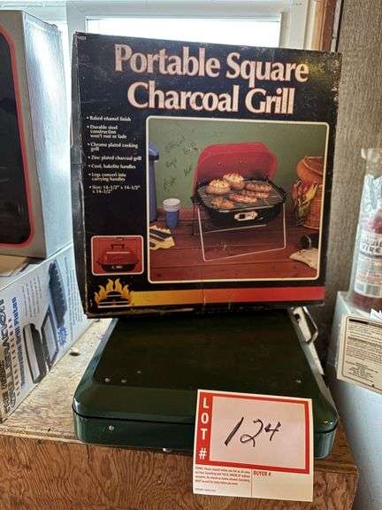 Portable square charcoal, grill, and Coleman stove - Bonnigson & Associates