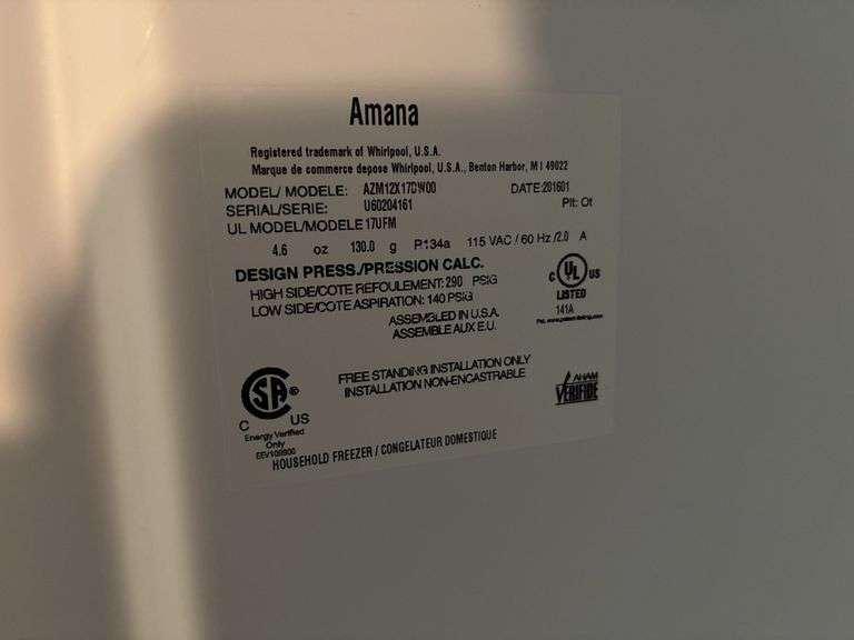 Amana freezer model AZM12 X 17DW00 - Bonnigson & Associates