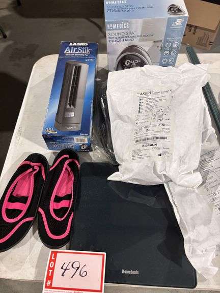 Oscillating fan, jack radio, scale, water shoes, and drainage kits ...