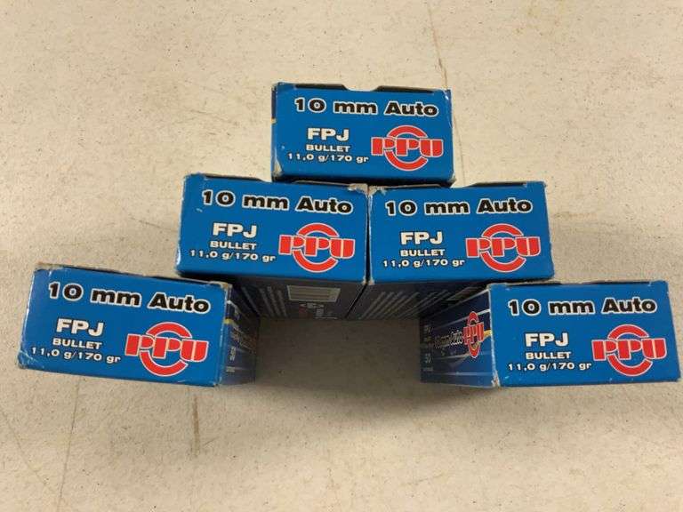5 boxes of PPU 10mm ammo, 170 gr FPJ, 50 rds / box - Brian Burke Auctions