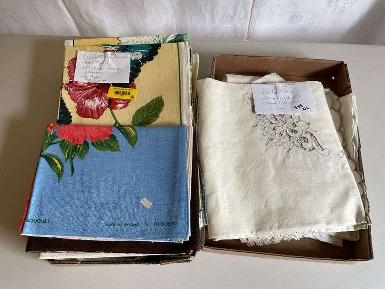 2 Boxes of Linens - Cutwork Table Clothes, Round Table Clothes and ...