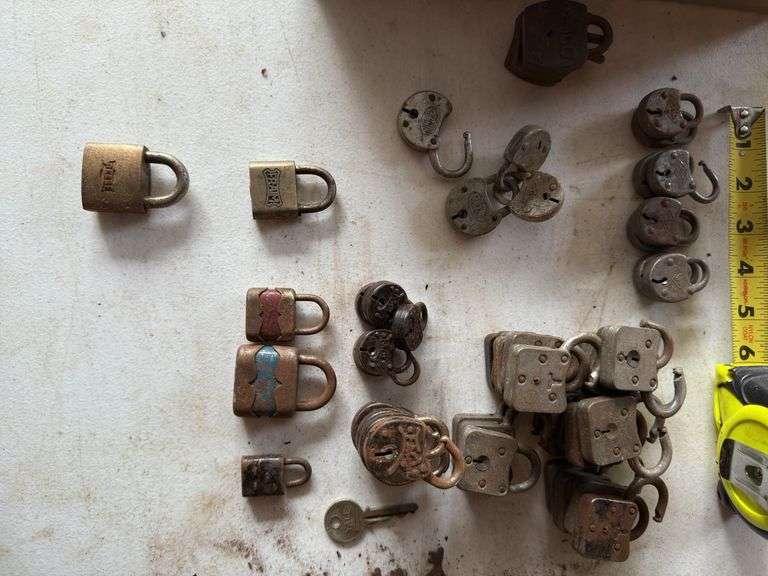 Box lot of vintage and antique locks some with keys some without some ...