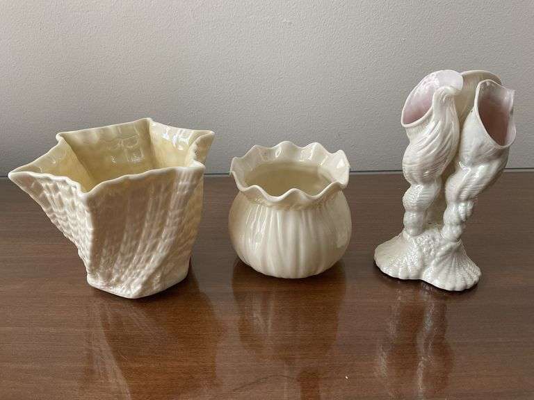 Two pieces of Belleek - two small vase, green mark and one unmarked ...
