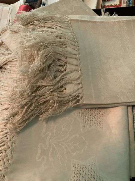 Assorted decorative linens made in Germany. 4 damask tablecloths ...