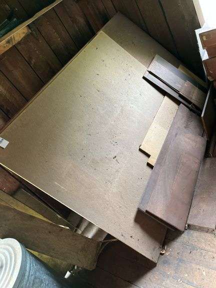 Group of large sheets of lumber, paneling, antique bench possibly a ...