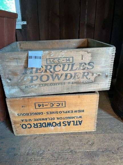 Two wooden advertising boxes, atlas powder company, Wilmington ...