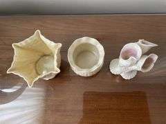Two pieces of Belleek - two small vase, green mark and one unmarked ...