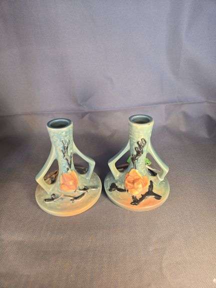 Vintage Roseville Pottery Magnolia Candle Holder Set - Brian Burke Auctions