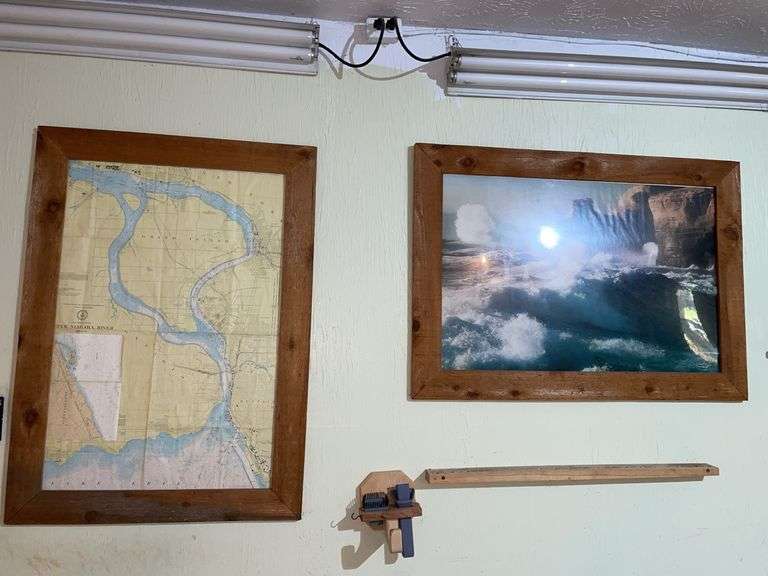 Garage. Two framed pieces. Wave print. Upper Niagara river map ...