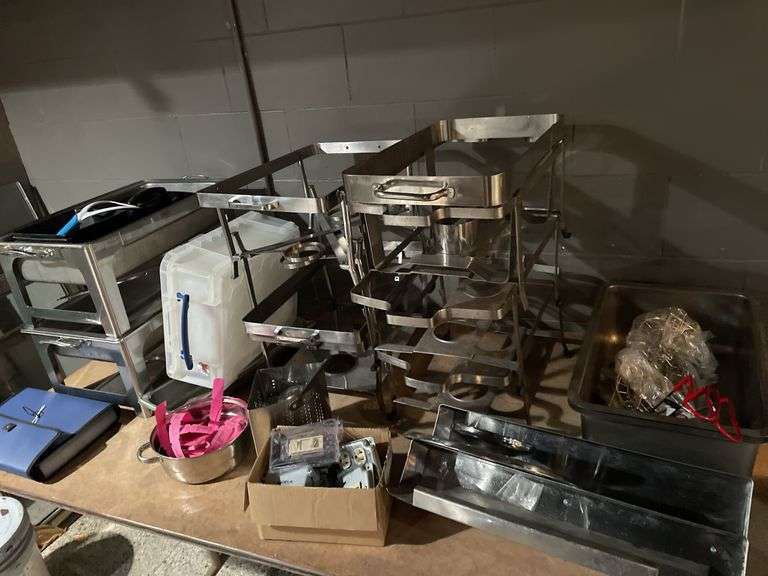 Variety of chafing, dishes, and accessories, some frying accessories ...
