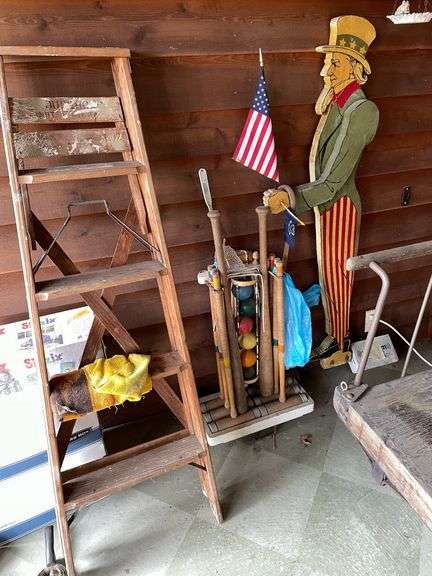 Uncle Sam, wood figurine, croquet set with baseball bats and wood ...