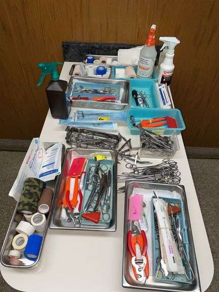 Large lot of exam and surgical instruments, gauze. Hemo stats ...