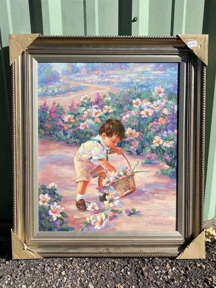 Sharon Butikofer Original Little Boy Picking Flowers Painting - Prime ...