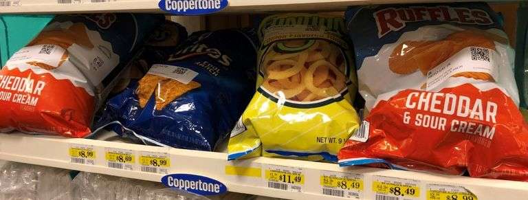 2) Ruffles Cheddar and Sour Cream, 2) Doritos Cool Ranch, 2) Funyuns ...