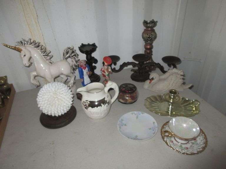 "Wedgwood" Pitcher, Porcelain Unicorn, Candle Holders, Swan Figurine ...