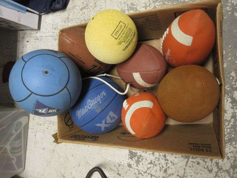 Assorted outdoor balls, air pump - Prime Time Auctions, Inc.
