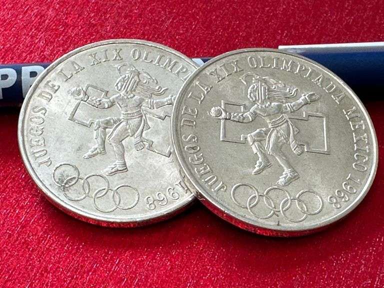 2 Ley .720 Silver Coins, XIX Olympics, Estados Unidos Mexicanos - Prime ...