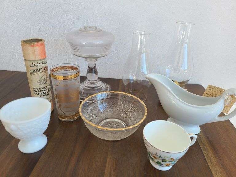 Vintage Fiddle Stix, Clear Glass Oil Lamp Base, 2) Oil Lamp Shades ...