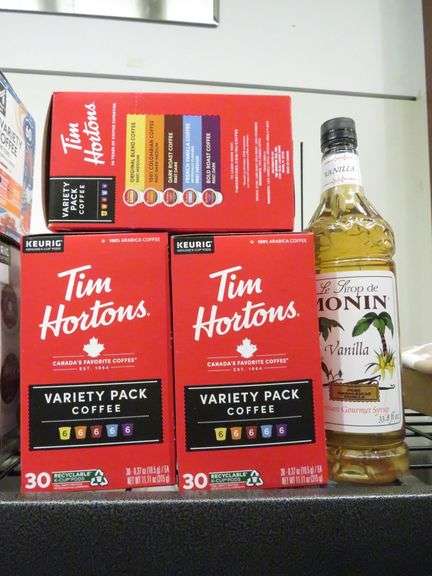 3) Tim Hortons Variety Pack Coffee, Monin Vanilla Syrup - Prime Time ...
